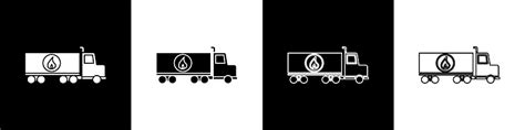 흑백 배경에 격리된 유조선 트럭 아이콘을 설정합니다 석유 유조선 가솔린 트럭 시스테른 석유 트레일러 벡터 일러스트레이션 가솔린에 대한 스톡 벡터 아트 및 기타 이미지