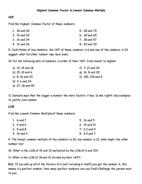 Hcf And Lcm Worksheet Docx