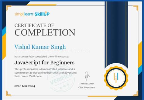 Vishal Kumar Singh Has Successfully Completed The Javascript For Beginners Online Course