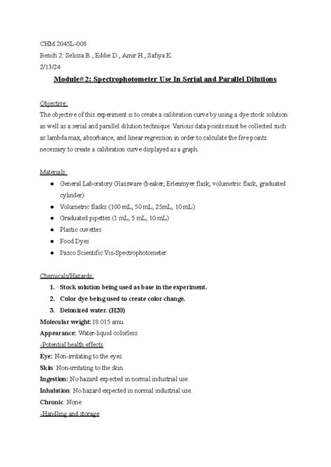 module 2 pre lab plan chm 2045l bench 2 selissa b eddie d amir