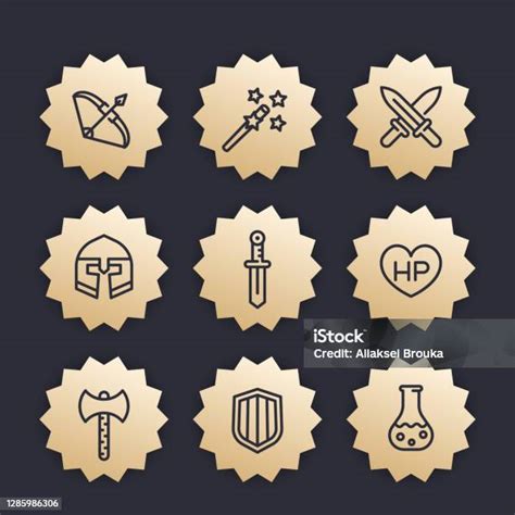 게임 라인 아이콘 세트 Rpg 판타지 아이템 칼 도끼 마법 지팡이 기사 활 헬멧 물약 개념에 대한 스톡 벡터 아트 및 기타 이미지 Istock