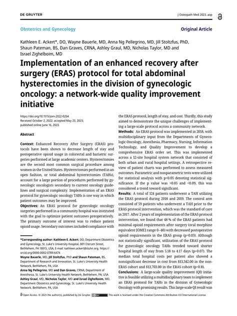 Pdf Implementation Of An Enhanced Recovery After Surgery Eras Protocol For Total Abdominal