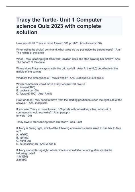 Tracy The Turtle Unit 1 Computer Science Quiz 2023 With Complete Solution Tracy The Turtle