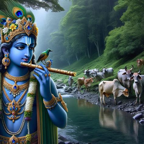 Krishna Deity Engaging Blue Skinned Figure With Flute Ai Art
