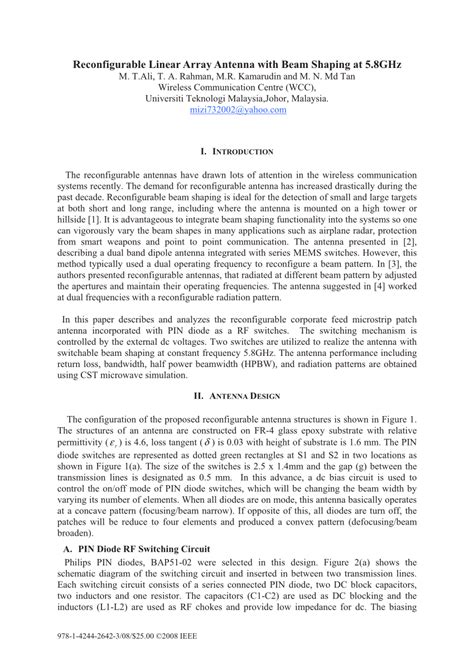 Pdf Reconfigurable Linear Array Antenna With Beam Shaping At 58ghz