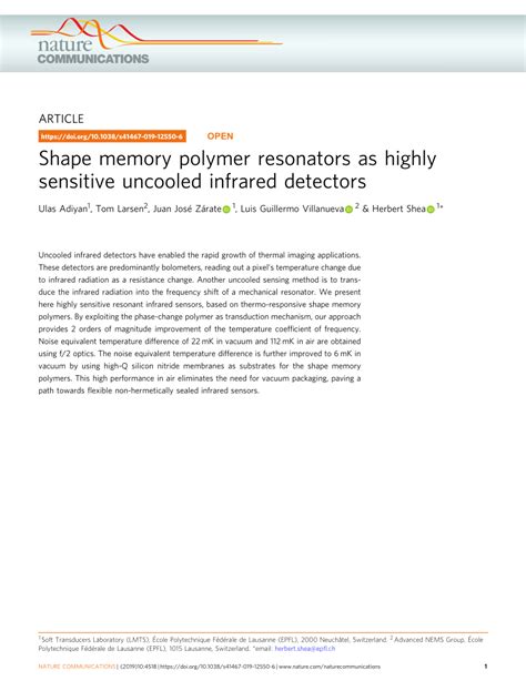 Pdf Shape Memory Polymer Resonators As Highly Sensitive Uncooled