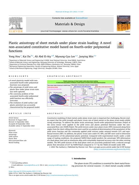 Pdf Plastic Anisotropy Of Sheet Metals Under Plane Strain Loading A Novel Non Associated