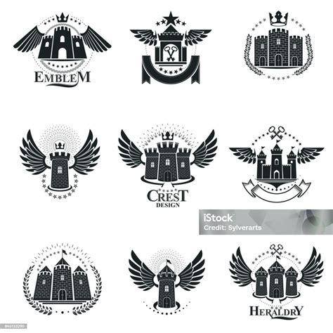 고 대 요새 엠 블 럼 세트입니다 팔의 문장 학 외 투 장식 기호가 절연된 벡터 일러스트 컬렉션입니다 0명에 대한 스톡 벡터 아트 및 기타 이미지 Istock