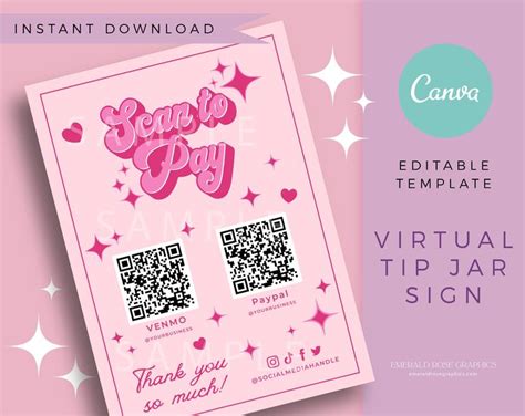 Scan To Pay Sign Editable Canva Template Pink Retro Customisable Qr