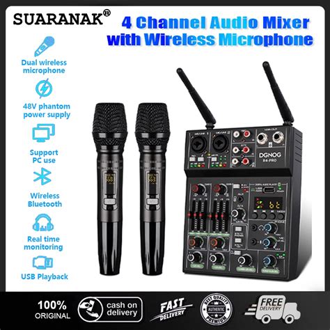 4 Channel USB Audio Mixer With Wireless Microphone Studio Sound Mixers With Bluetooth REC DJ