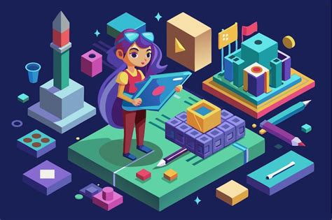 A Female Character Uses An Isometric Constructor Surrounded By Colorful Shapes And Design Tools