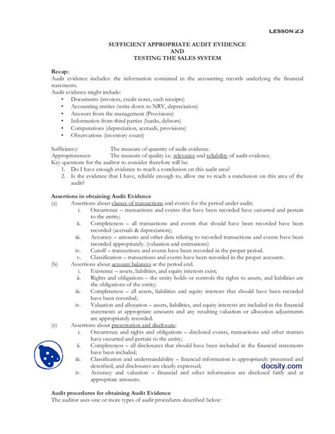 Sufficient Appropriate Audit Evidence Fundamentals Of Auditing Lecture Notes Docsity