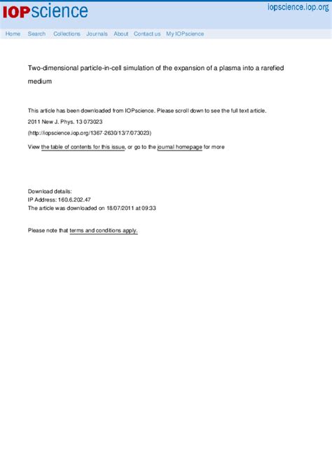 Pdf Two Dimensional Particle In Cell Simulation Of The Expansion Of A