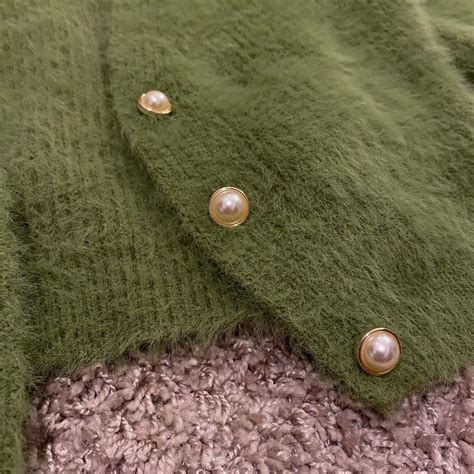 🌿🍃🌱 Cropped Green Fuzzy Cardigan With Gold Pearl Depop