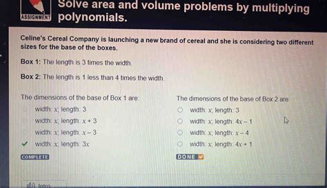 Solved Solve Area And Volume Problems By Multiplying Assignment Polynomials Celines Cereal