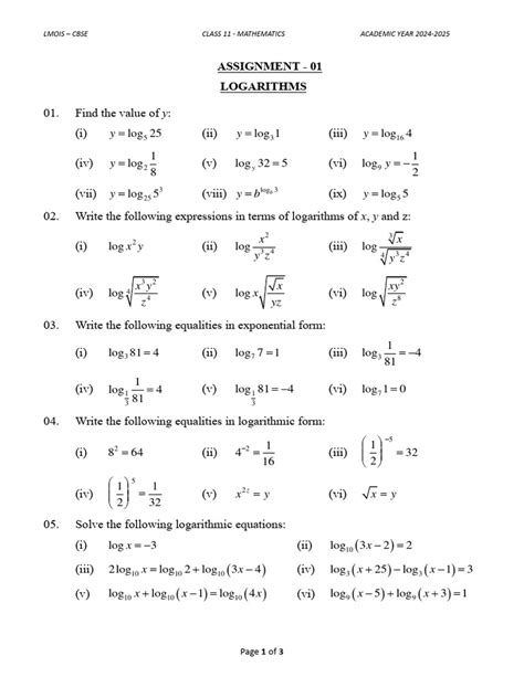Class 11 Mathematics Assignment 01 Logarithms Pdf Ph Logarithm Class 11 Mathematics Assignment 01 Logarithms Pdf Ph Logarithm