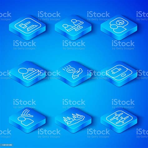 세트 라인 경찰은 인간 손에 동전 최저 임금 불타는 자동차 투표함 평화 회담 스피커 판사 망치 및 철조망 아이콘을 이겼습니다 벡터 3차원 형태에 대한 스톡 벡터 아트 및