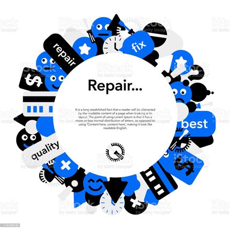 모바일 장비의 개념 수리 프레임에 텍스트 및 주제별 아이콘에 대 한 라운드 장소 아이콘을 복구 합니다 일러스트 현대적인 스타일 배너 개념에 대한 스톡 벡터 아트 및 기타