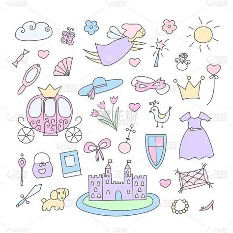 公主涂鸦集手绘马车、城堡、仙女、魔杖、皇冠、帽子、鲜花、服饰、剑、盾牌、鞋、面具等。矢量插图涂鸦风格