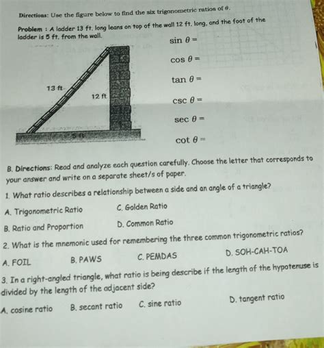Solved Directions Use The Figure Below To Find The Six Trigonometric Ratios Ofθ Problem A