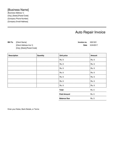 Free Printable Auto Repair Invoice Templates [pdf Word Excel]