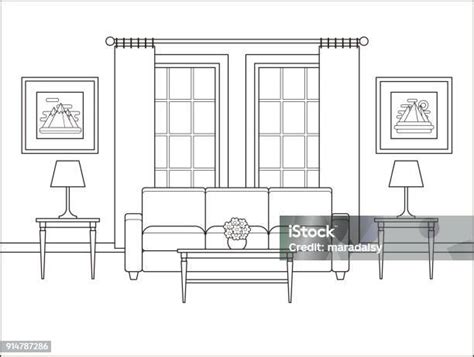 창 평면 디자인 객실 인테리어입니다 개요 벡터 일러스트입니다 거실에 대한 스톡 벡터 아트 및 기타 이미지 거실 라인아트 컬러링 북 페이지 일러스트레이션 기법 Istock
