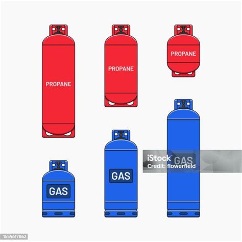 빨간색 파란색 프로판 가스 탱크가 흰색 배경 벡터 평면 그림에 설정되어 있습니다 가솔린에 대한 스톡 벡터 아트 및 기타 이미지