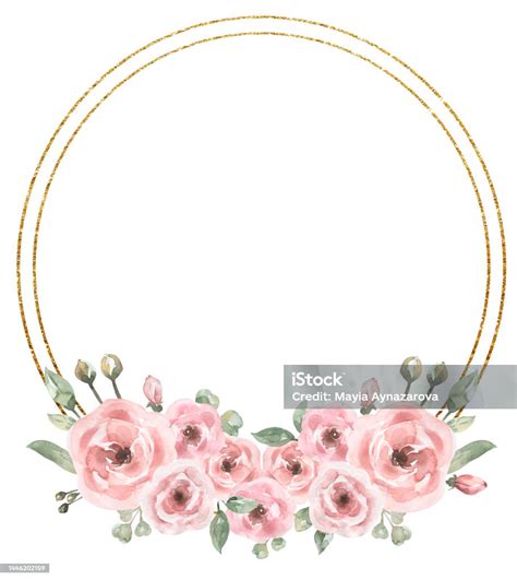 섬세한 핑크 꽃 화환 클립 아트 정원 꽃과 녹지가 있는 수채화 황금 프레임 꽃 화환 그림 로고 디자인 결혼식 초대장 베이비 샤워 0명에 대한 스톡 벡터 아트 및 기타 이미지
