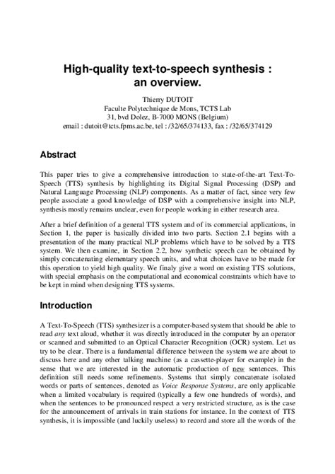 Pdf High Quality Text To Speech Synthesis An Overview