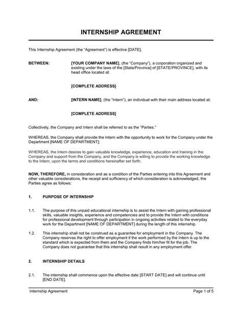 Internship Agreement Template Free Word And Pdf