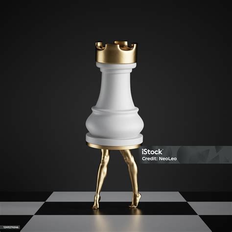 3d 렌더 초현실적 인 개념 체스 게임 조각 흰색 루크 서 황금 슬림 모델 다리 고전적인 체크 무늬 바닥 추상현대 미니멀 디자인