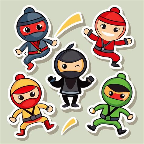 Five Cute Cartoon Ninjas In Different Colored Suits Premium Ai