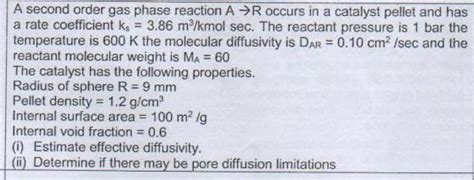 Solved A Second Order Gas Phase Reaction A→r Occurs In A