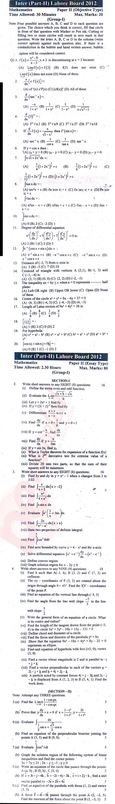 Bise Lahore 12th Class Past Papers Of Ics Part 2 12th Class Past Papers