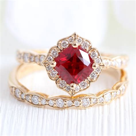 Cushion Ruby Bridal Ring Set Gold Vintage Halo Diamond Wedding Bands