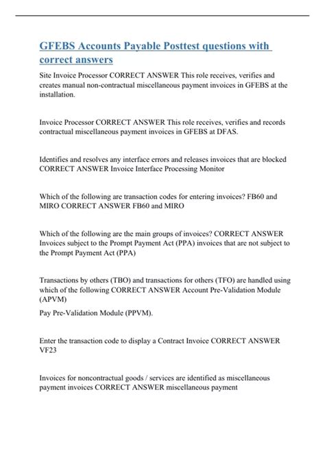 Gfebs Accounts Payable Posttest Questions With Correct Answers Gfebs