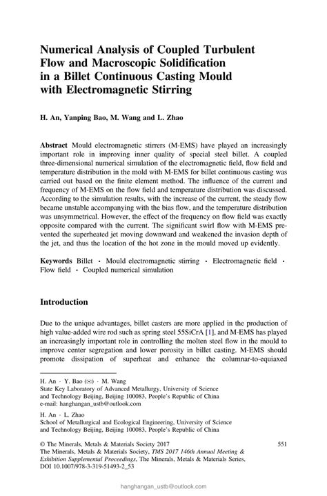 Pdf Numerical Analysis Of Coupled Turbulent Flow And Macroscopic Solidification In A Billet