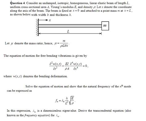 SOLVED Question Consider An Undamped Isotropic Homogeneous Linear Elastic Beam Of Length