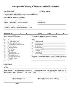 2019 Pre Op History Physical Medical Clearance Form Dr Moys
