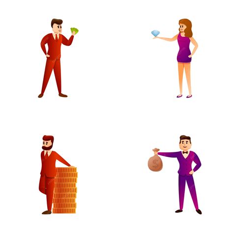 Premium Vector Rich People Icons Set Cartoon Vector Human With Diamond And Full Money Bag