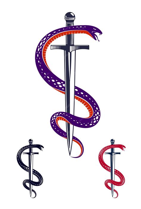 뱀과 단검 뱀은 검 벡터 빈티지 문신 로마 신 머큐리 행운과 속임수 비유적 로고 또는 고대 상징의 상징을 감쌉니다