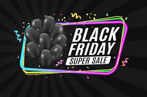 검은 금요일 판매에 대 한 여러 가지 빛깔된의 네온 배너입니다 검은 현실적인 반짝 풍선의 낱 단입니다 어두운 배경에 색상 프레임입니다 축제 색종이 리본 흰색 텍스트입니다
