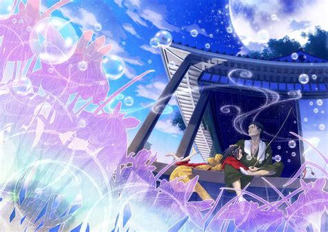 Barefoot Black Hair Blue Eyes Bubbles Clouds Flowers Japanese Clothes