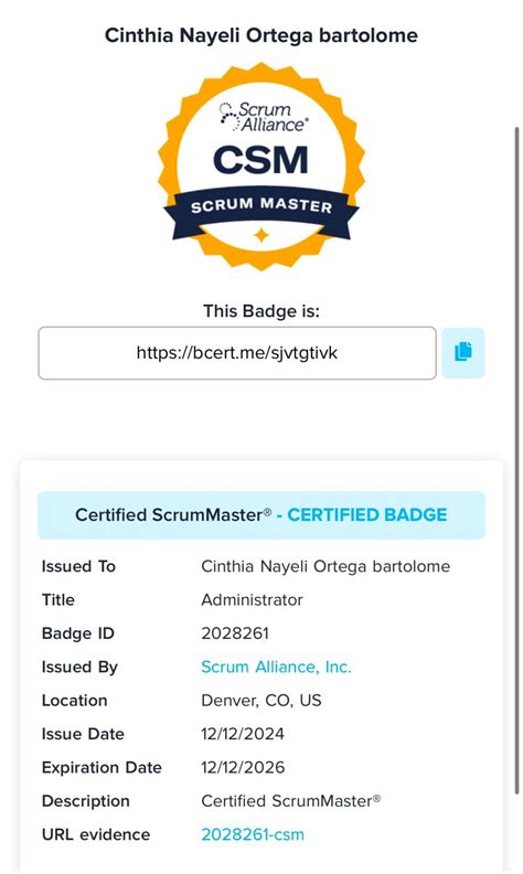 Oficialmente Scrum Master Certificado Cinthia Nayeli Ortega Bartolomé