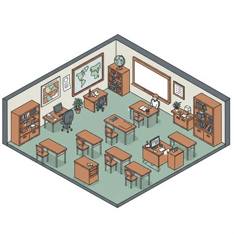 Isometric Classroom Illustration Featuring Several Desks And Chairs Arranged Neatly A Stock