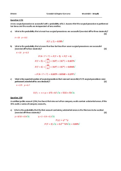 Tutorial 6 Ch 5 Week 8 15 19 April 2024 Memo STA111 Tutorial 6 Chapter 5 Memo Week 9 15