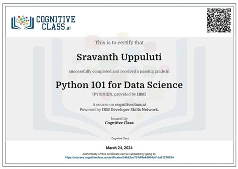 Completed Data Science Certification By Cognitive Class Sravanth