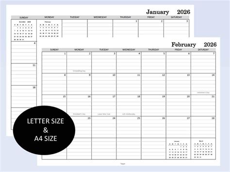 2026 Monthly Calendar Printable Lined Calendar Sunday Start Planner