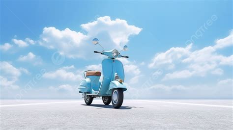 부드러운 아스팔트 도로 3d 렌더링에서 푸른 하늘 배경 위로 미끄러지는 전기 또는 빈티지 스쿠터 모터 달린 자전거 오토바이