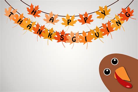 흰색 그라데이션 배경 추수 감사절 포스터에 행복 한 추수 감사절 텍스트 만화 터키 행복 한 추수 감사절 텍스트와 단풍 잎 을 매달려 배너 표지판에 대한 스톡 벡터 아트 및